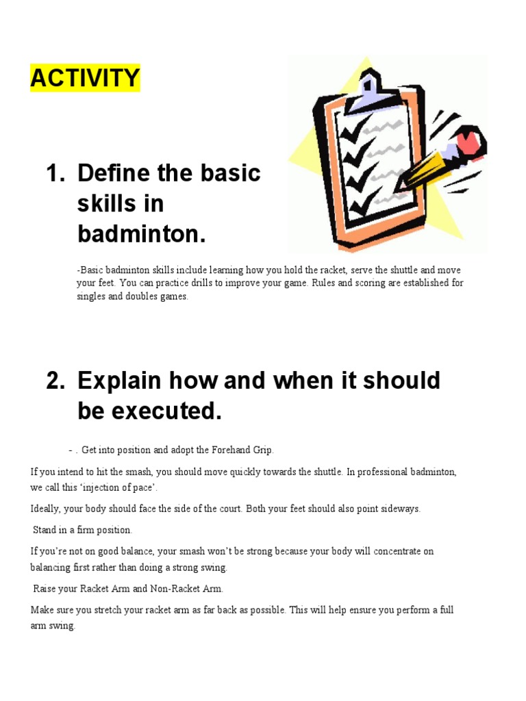 Activity 1. Define The Basic Skills in Badminton | PDF