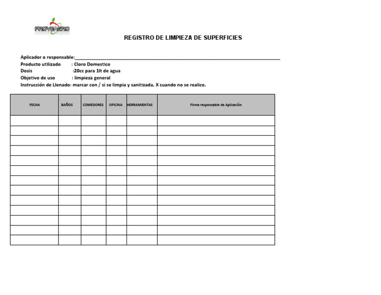 Planilla de Limpieza y desinfeccion | PDF