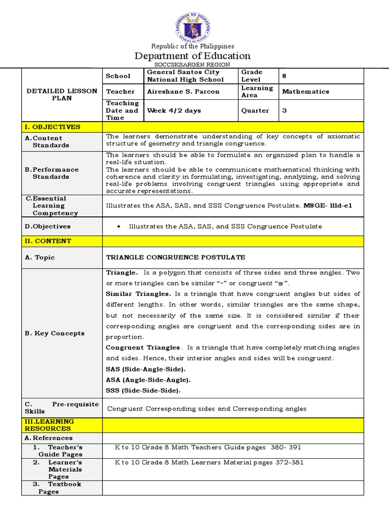 FINAL LESSON PLAN - Week 4 Triangle Congruence Postulate | PDF ...