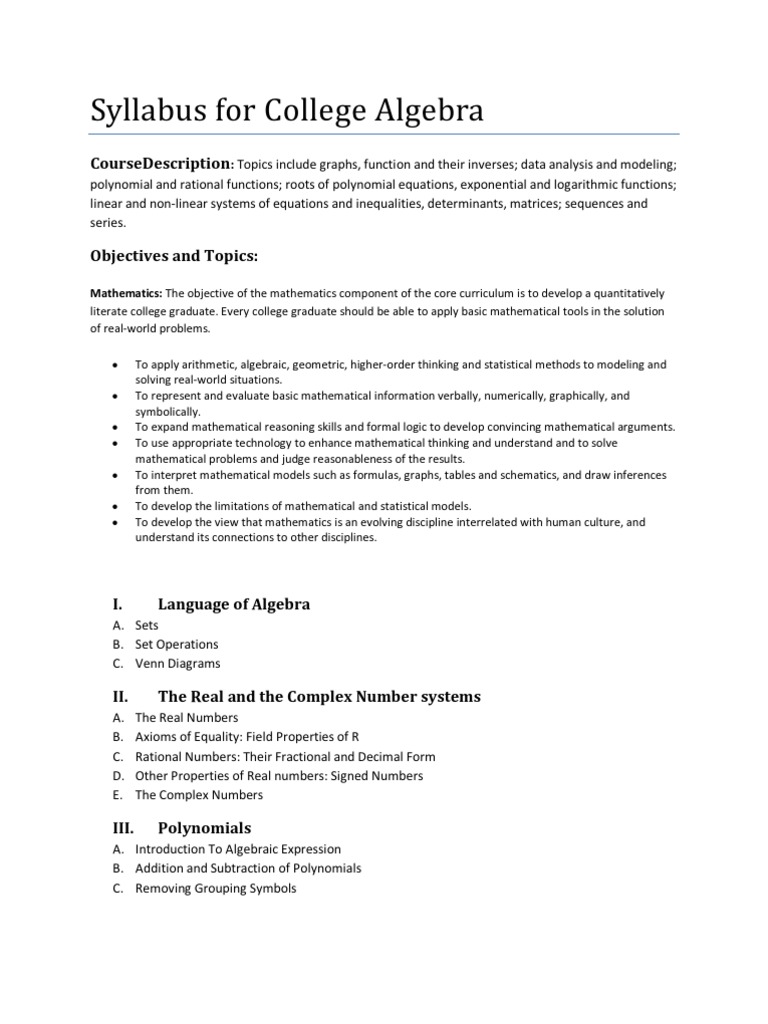 Syllabus For College Algebra | PDF | Quadratic Equation | Equations