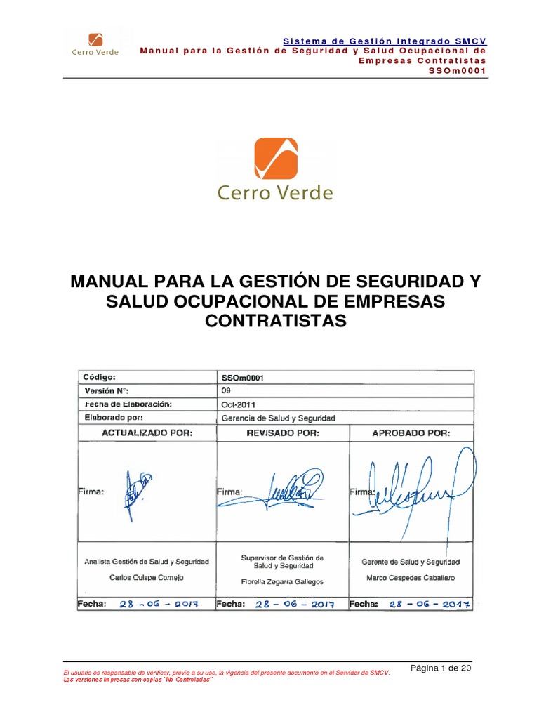 ANEXO 1 Manual para La Gestion de Seguridad y Salud Ocupacional de Empresas Contratistas | PDF ...