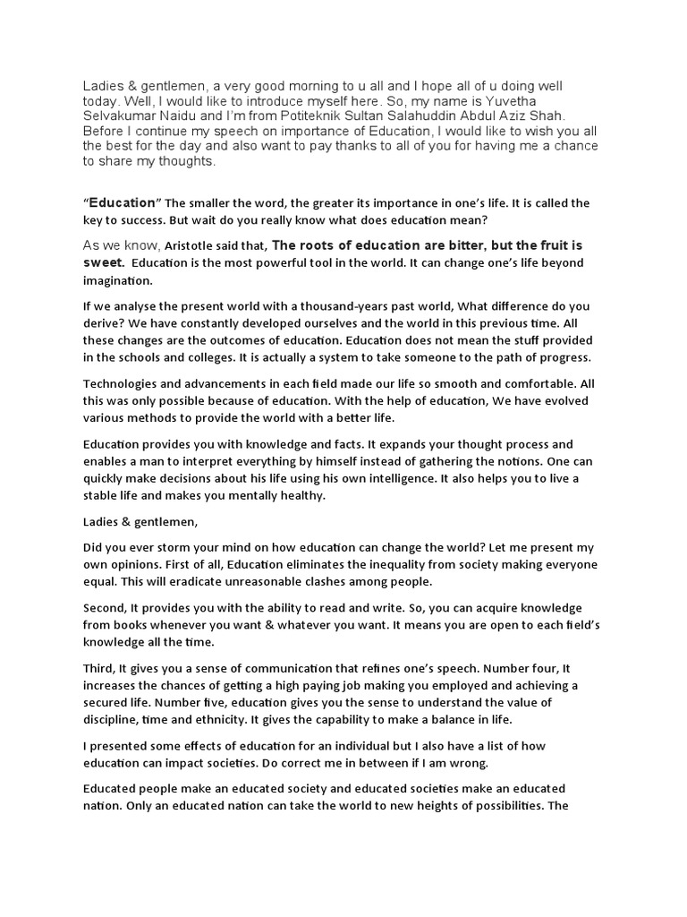 Speech On Importance of Education | PDF | Society | Thought
