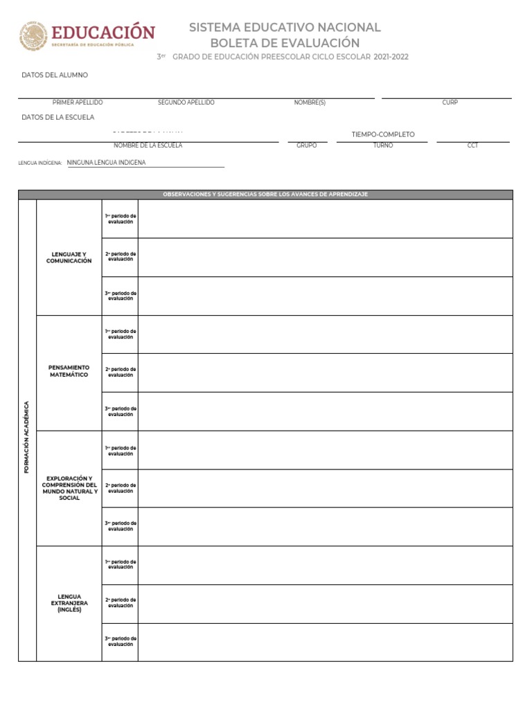 Boleta Preescolar 3 Gdo | PDF | Evaluación | Educación de la primera ...