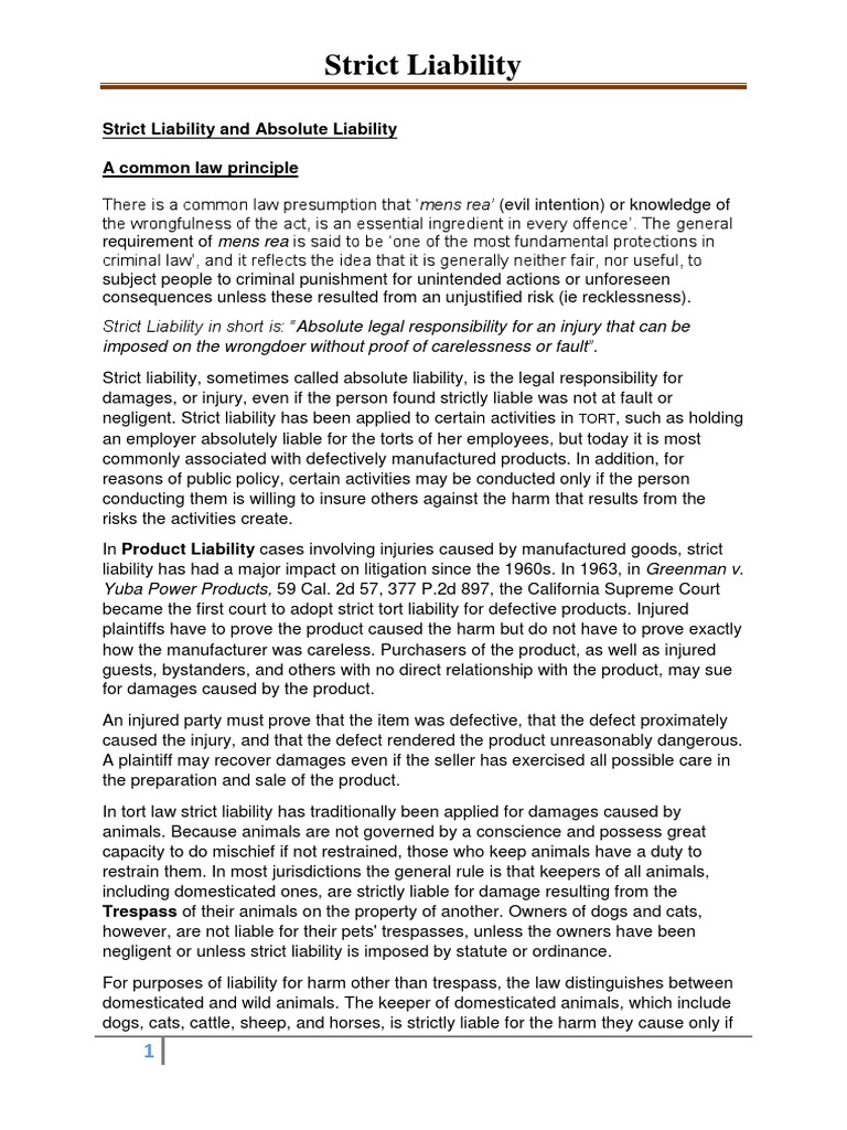Strict Liability: Strict Liability and Absolute Liability A Common Law ...