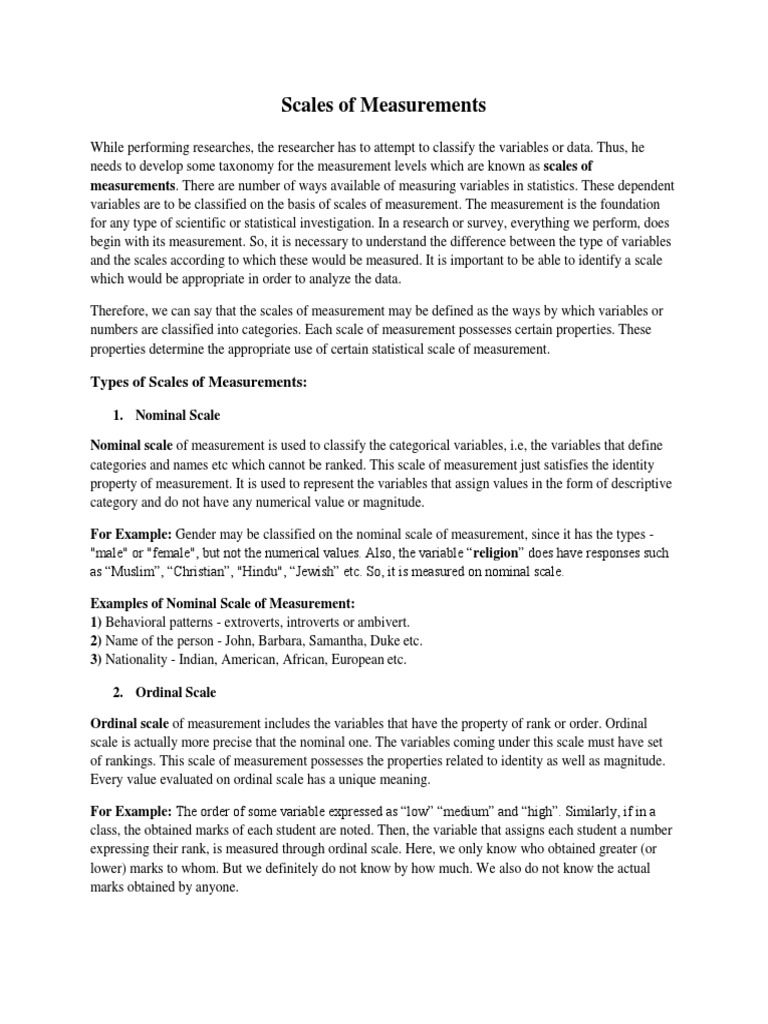 Scales of Measurements | PDF | Level Of Measurement | Measurement