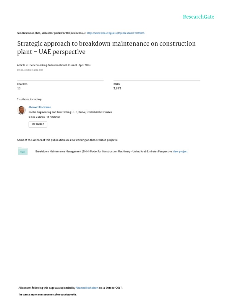 Strategic Approach To Breakdown Maintenance On Construction Plant - UAE ...