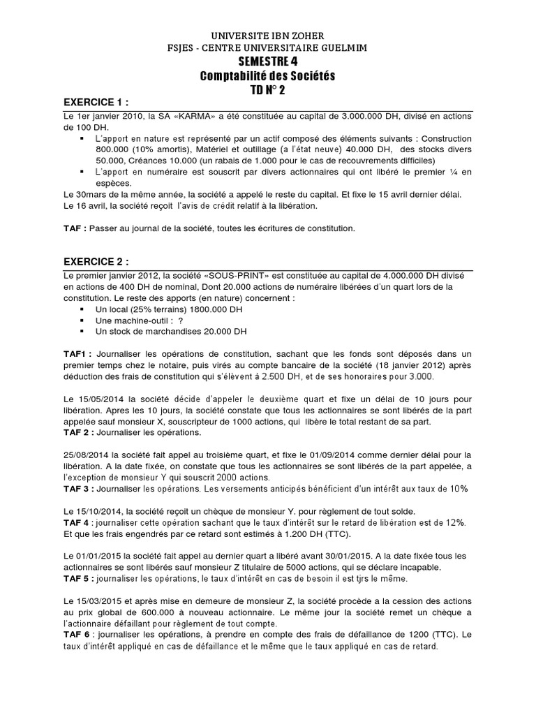 TD2 Comptabilité Des Sociétés MR Mazzine (S4) | PDF | Les sociétés | Services financiers