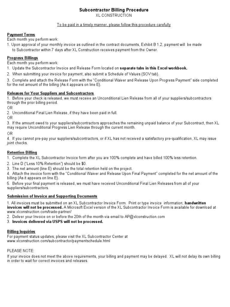 Subcontractor Billing Procedure and Invoice Template for Monthly ...