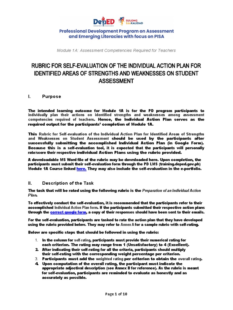 Rubric For Self-Evaluation of The Individual Action Plan For Identified ...