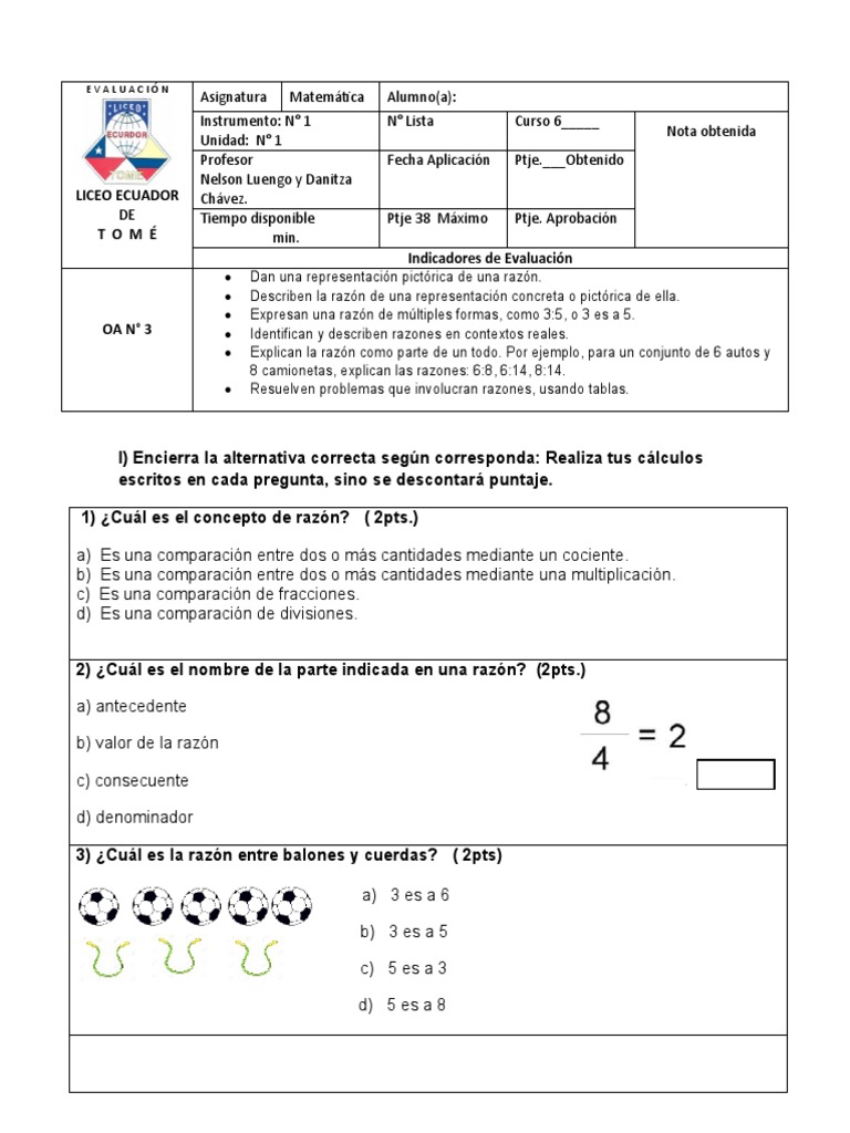 Prueba de Razones 6to Básico | PDF | Matemáticas