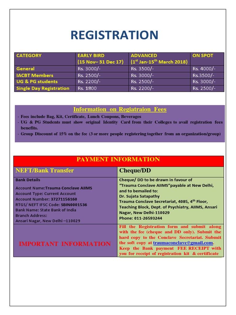 Registration: Information On Regiatraion Fees | PDF | Cheque | Banking