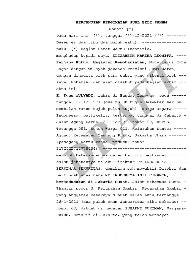 Draft PPJB Saham PT Asuransi Jiwa Indonesia Sukses - PT Indosurya Inti Finance Rnot | PDF