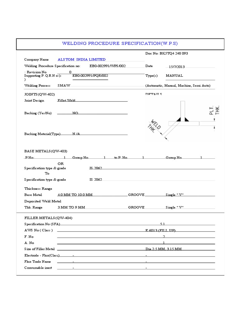 Welding Procedure Specification (W.P.S) : Alstom India Limited | PDF ...
