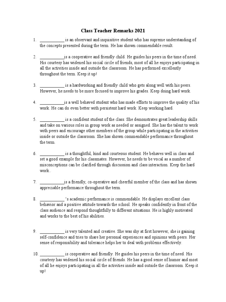 Class Teacher Remarks | PDF | Teachers | Classroom