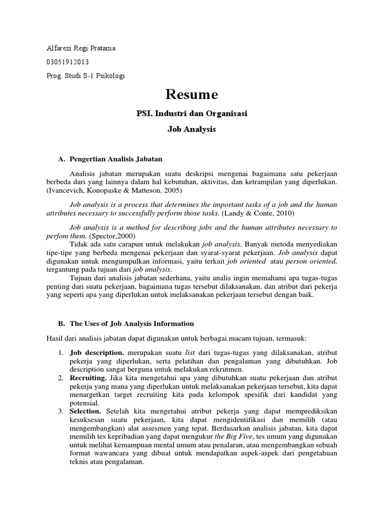 PIO Resume Job Analysis - Alfarezi Regi Pratama | PDF