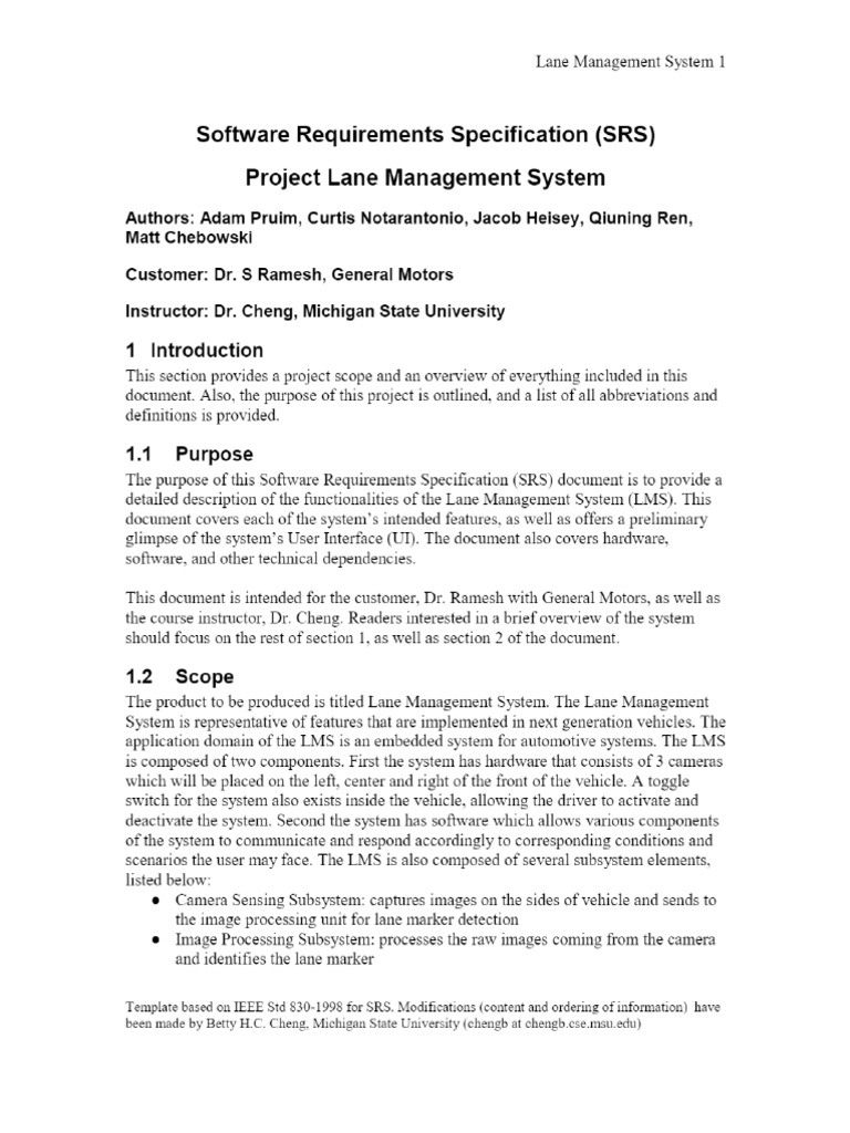 Software Requirements Specification SRS Project Lane Management System ...