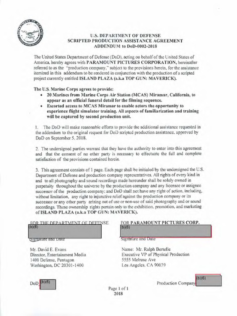 DOD Agreement For Top Gun: Maverick Propaganda | PDF | Indemnity | Per Diem