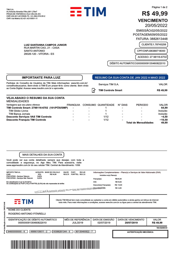 Fatura Tim Chip | PDF