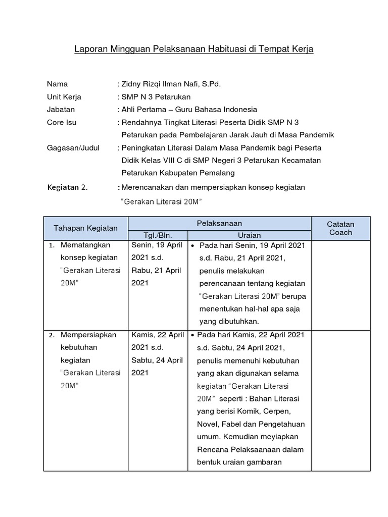 Laporan Mingguan Pelaksanaan Habituasi Di Tempat Kerja | PDF