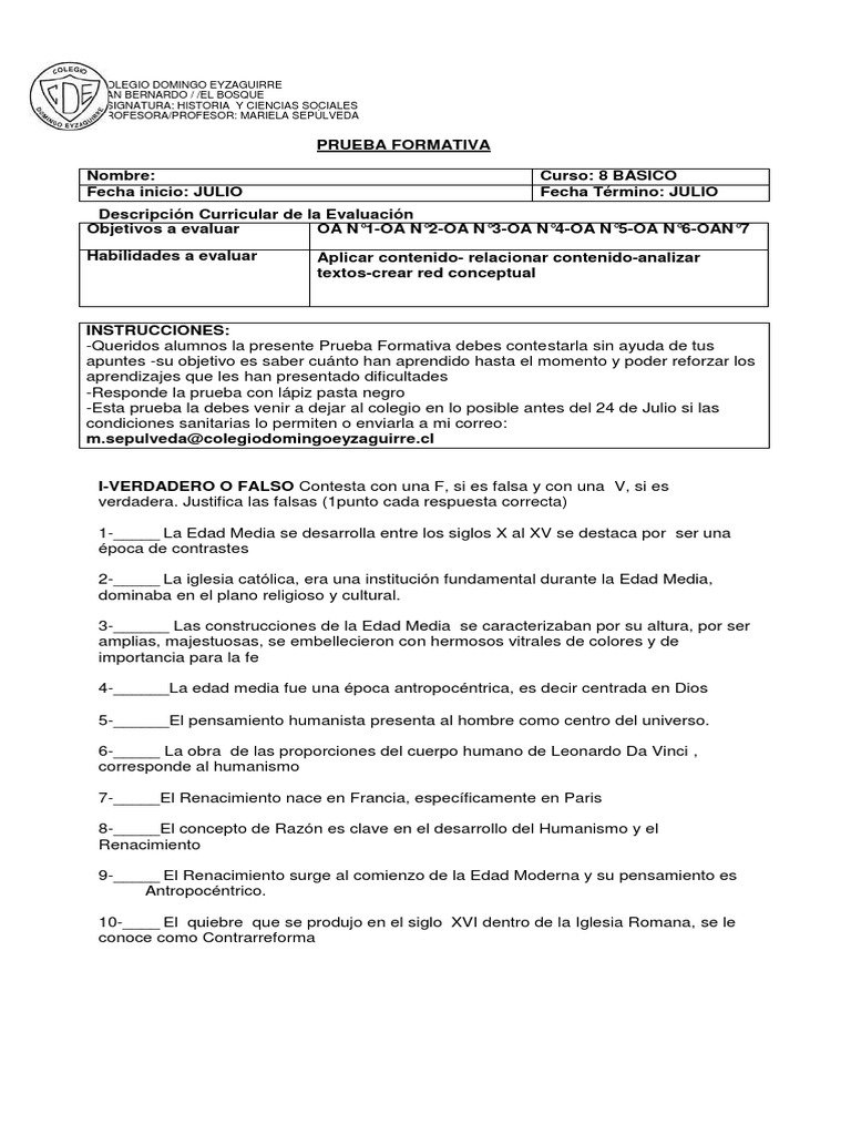 Prueba Formativa Historia 8° Básico | PDF | Iglesia Católica | Martin ...