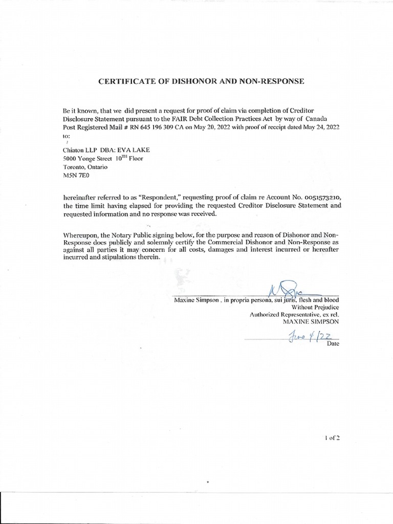 Certificate of Dishonor and Non-Response | PDF