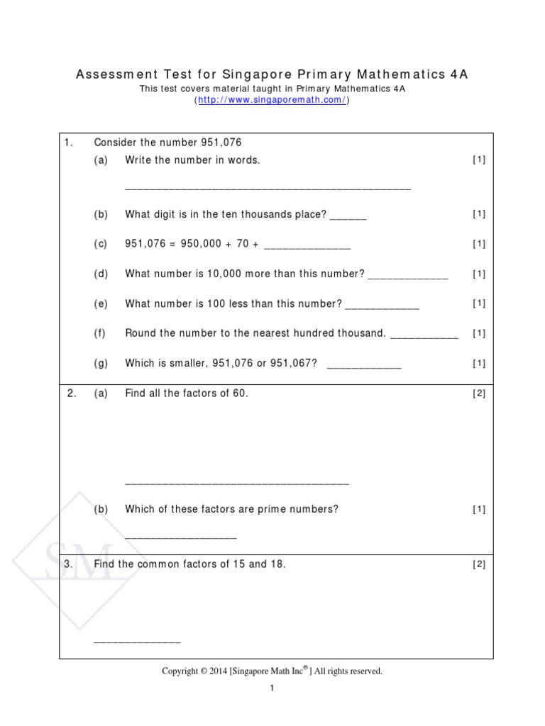 Assessment Test For Singapore Primary Mathematics 4A | PDF | Numbers ...