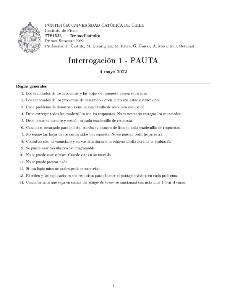 Termodinámica en la PUC: Problemas de interro 1 | PDF | Calor | Gases