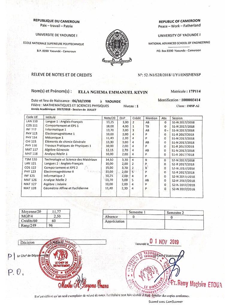 Relevé de Notes Niveau 1 | PDF