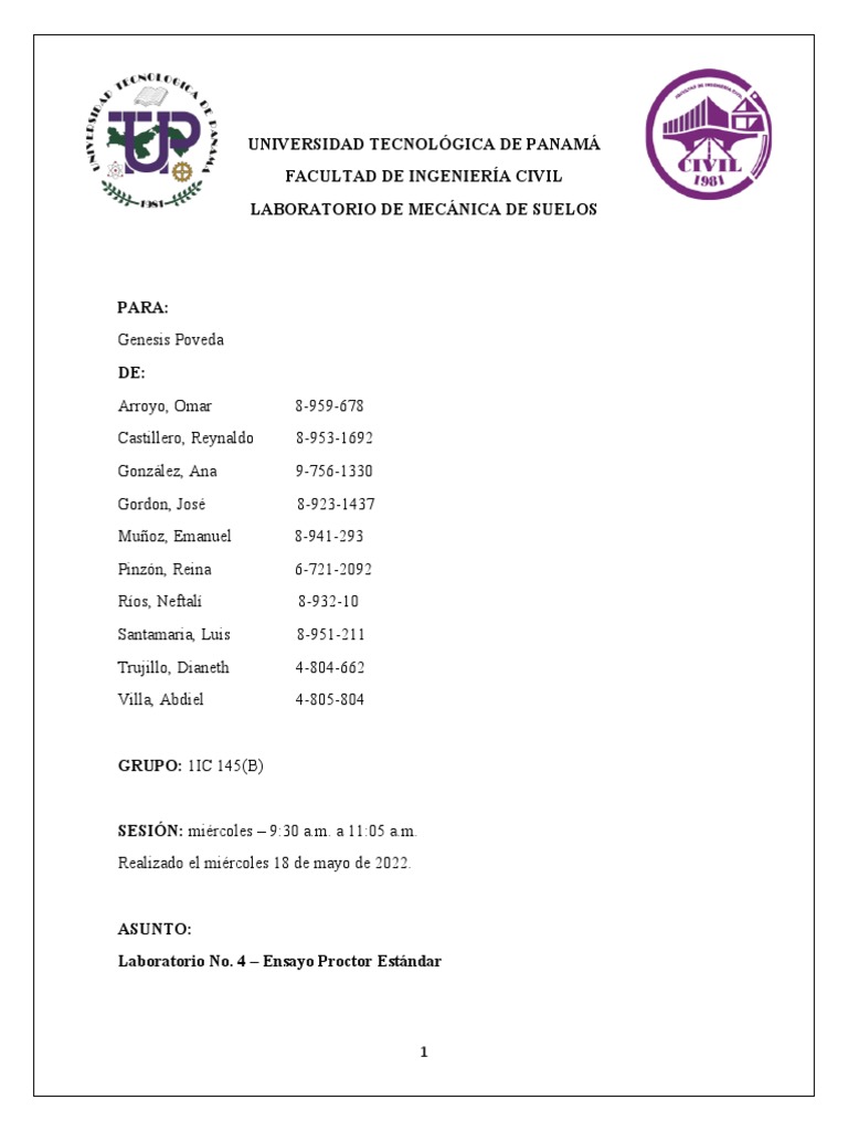 Laboratorio No. 4 - Ensayo de Proctor Estandar | PDF | Laboratorios
