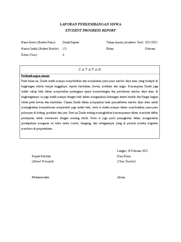 Progres Bulanan Laporan Perkembangan Siswa 2 | PDF