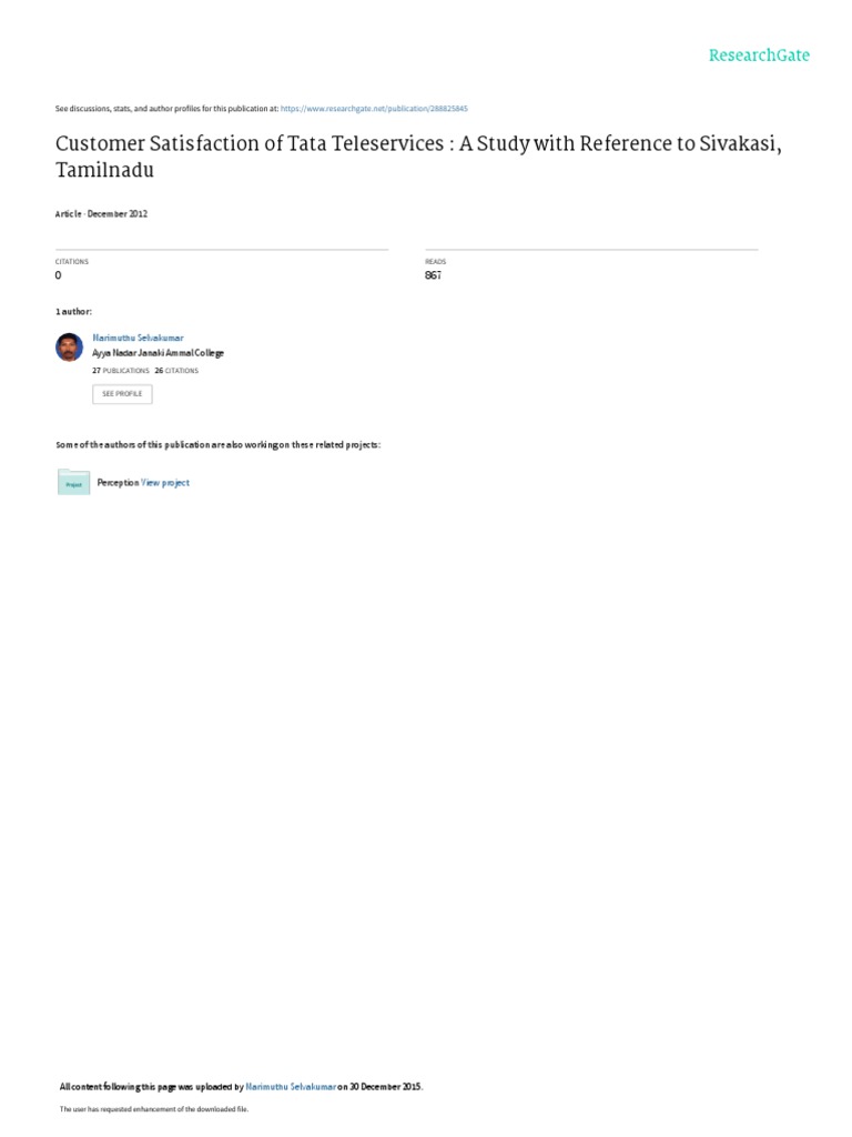 Customer Satisfaction of Tata Teleservices: A Study With Reference To ...