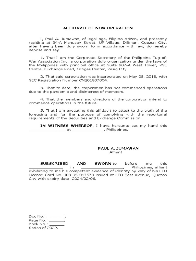 Affidavit of Non-Operation | PDF | Law