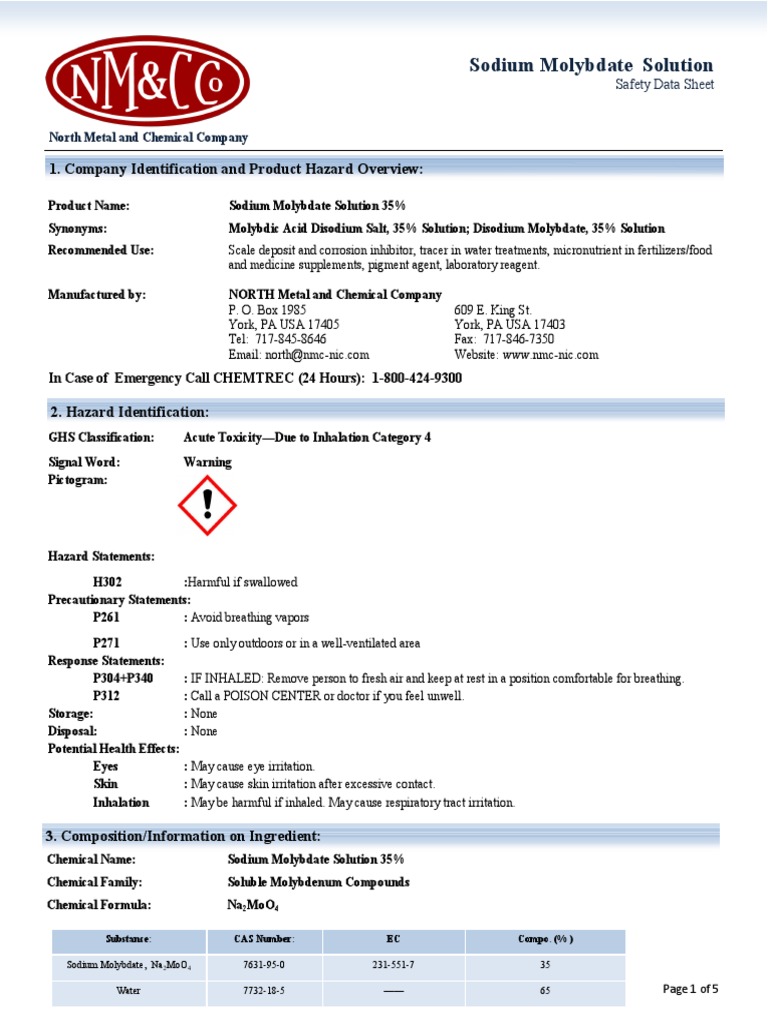 SDS Sodium Molybdate Solution | PDF | Personal Protective Equipment ...