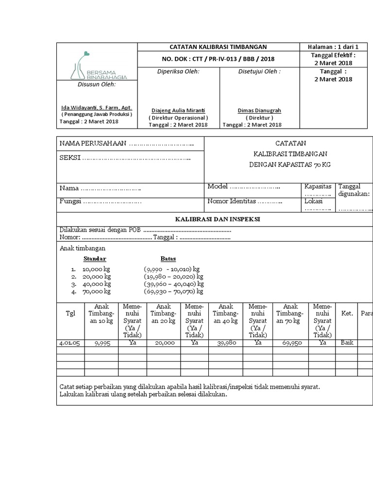 013 Catatan Kalibrasi Timbangan | PDF