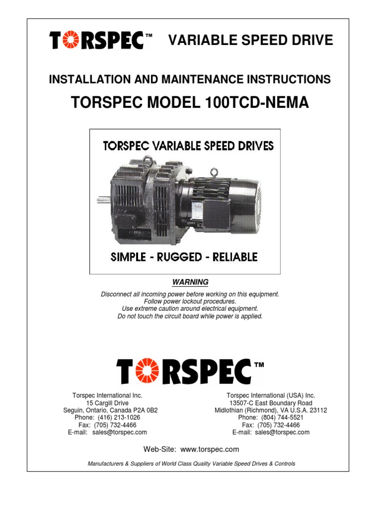 Torspec Model 100Tcd-Nema: Variable Speed Drive | PDF | Electric Motor ...