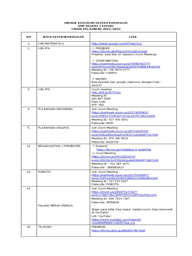 Jadwal Kegiatan Ekstra Kurikuler SMP Negeri 1 Kediri TAHUN PELAJARAN ...