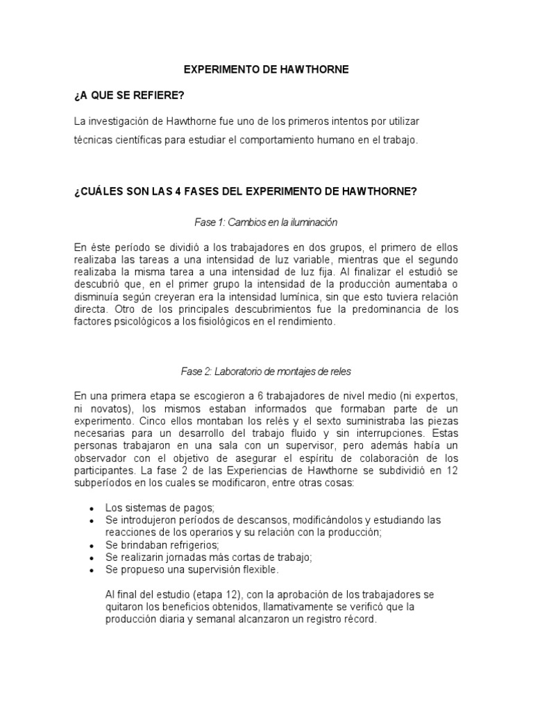 Fases del Experimento de Hawthorne | PDF | Crecimiento personal y ...
