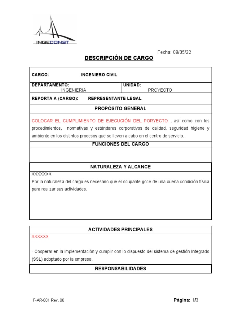 Descripción de Cargo INGENIERO CIVIL | PDF | Ingeniería | Residuos