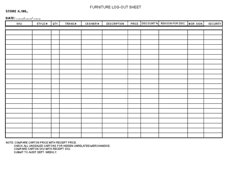Furniture Log-Out Sheet Template | PDF