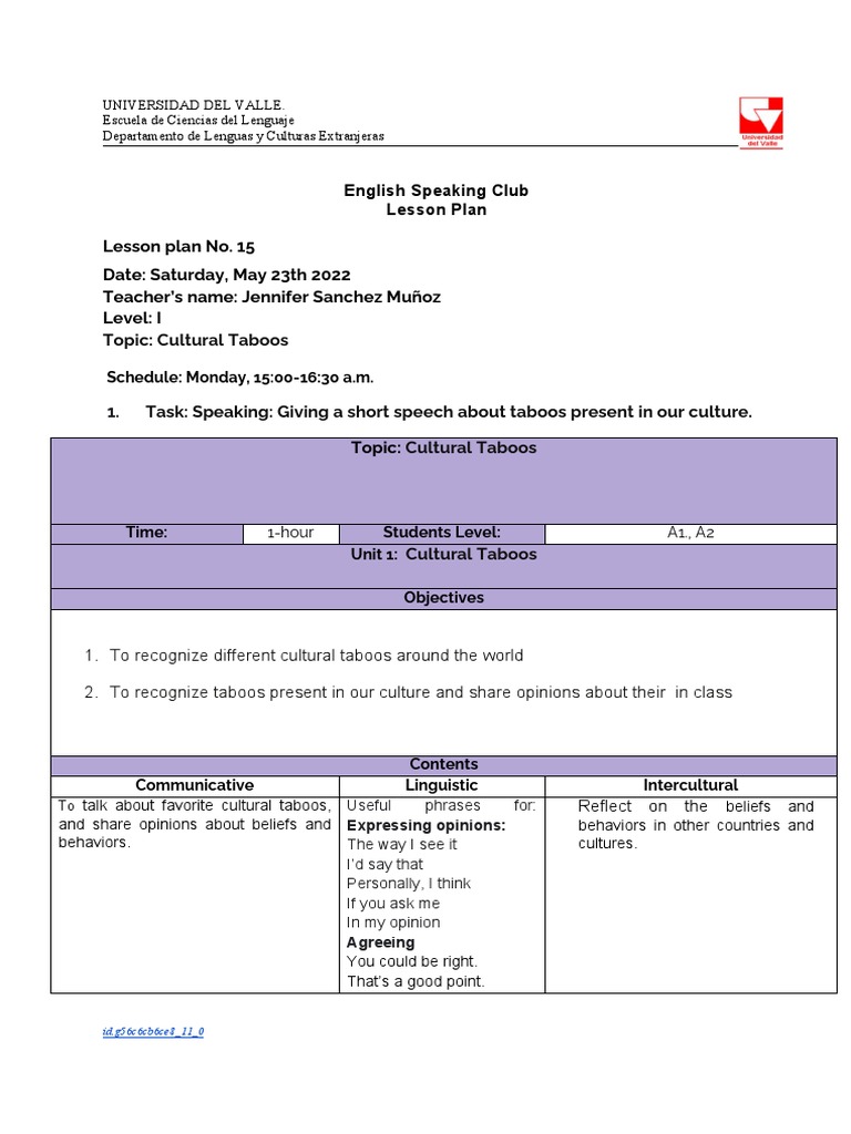 English Speaking Club Lesson Plan Lesson Plan No. 15 Date: Saturday ...