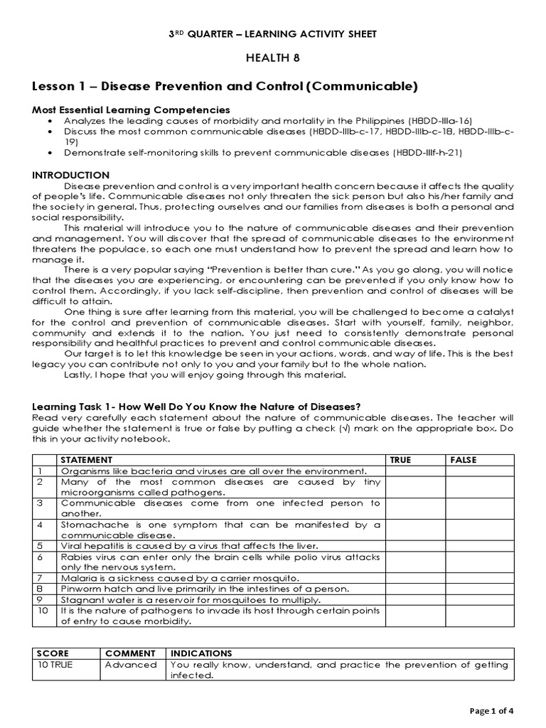 Lesson 1 - Disease Prevention and Control (Communicable) : Health 8 ...