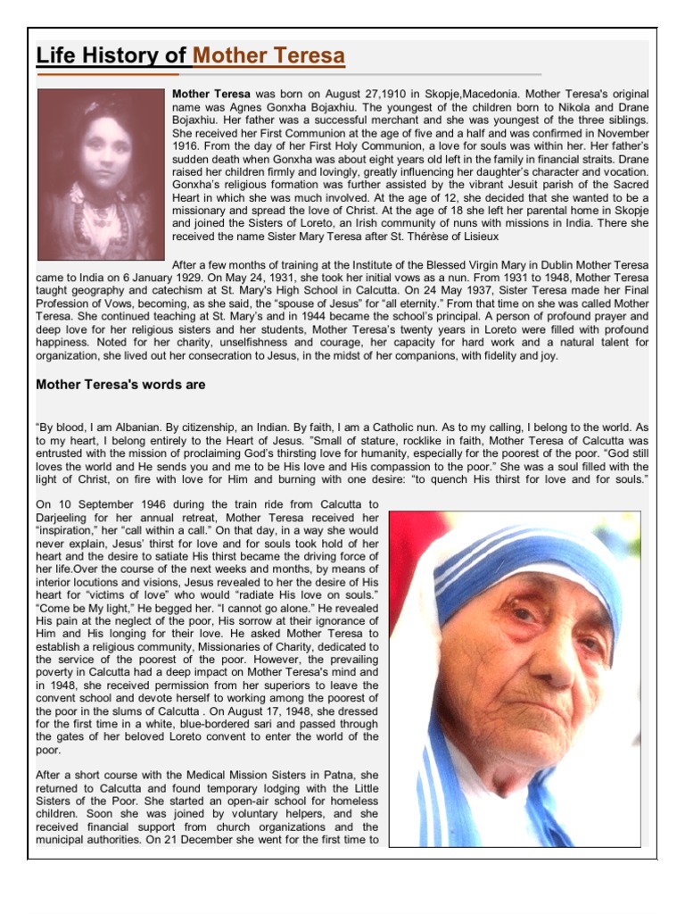 Life History of Mother Teresa | Mother Teresa | Catholic Church