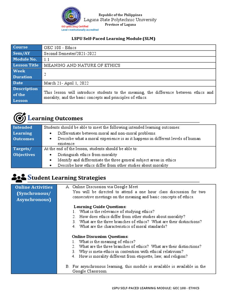 Earning Outcomes: LSPU Self-Paced Learning Module (SLM) | PDF | Morality | Nous