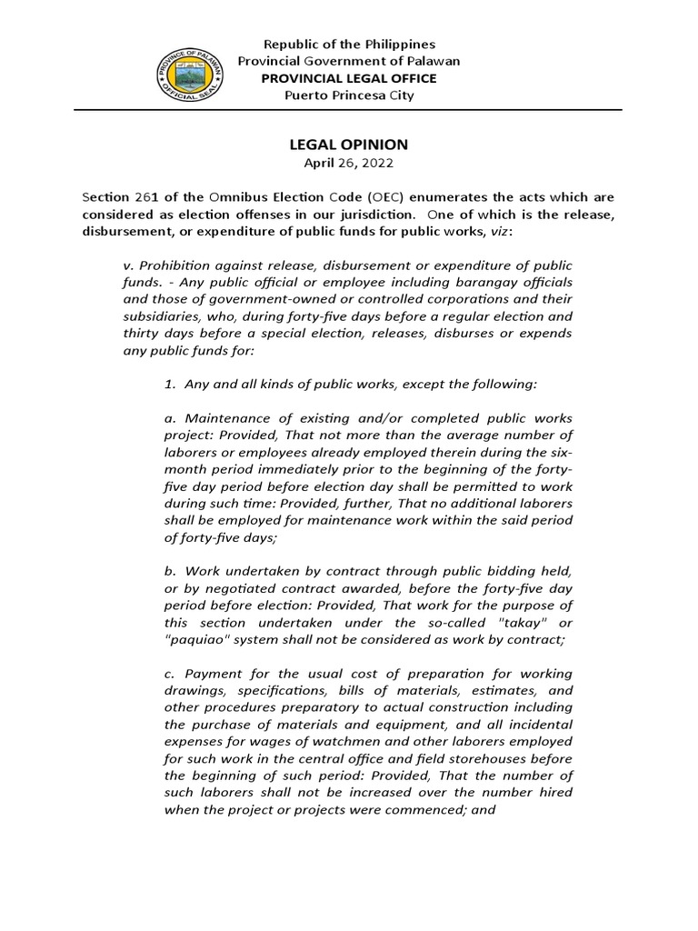 Legal Opinion on OEC Sec 261 Prohibitions | PDF | Expense | Employment