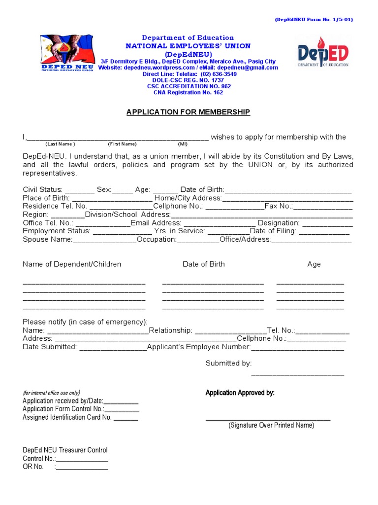 Application for Membership in the Department of Education National ...