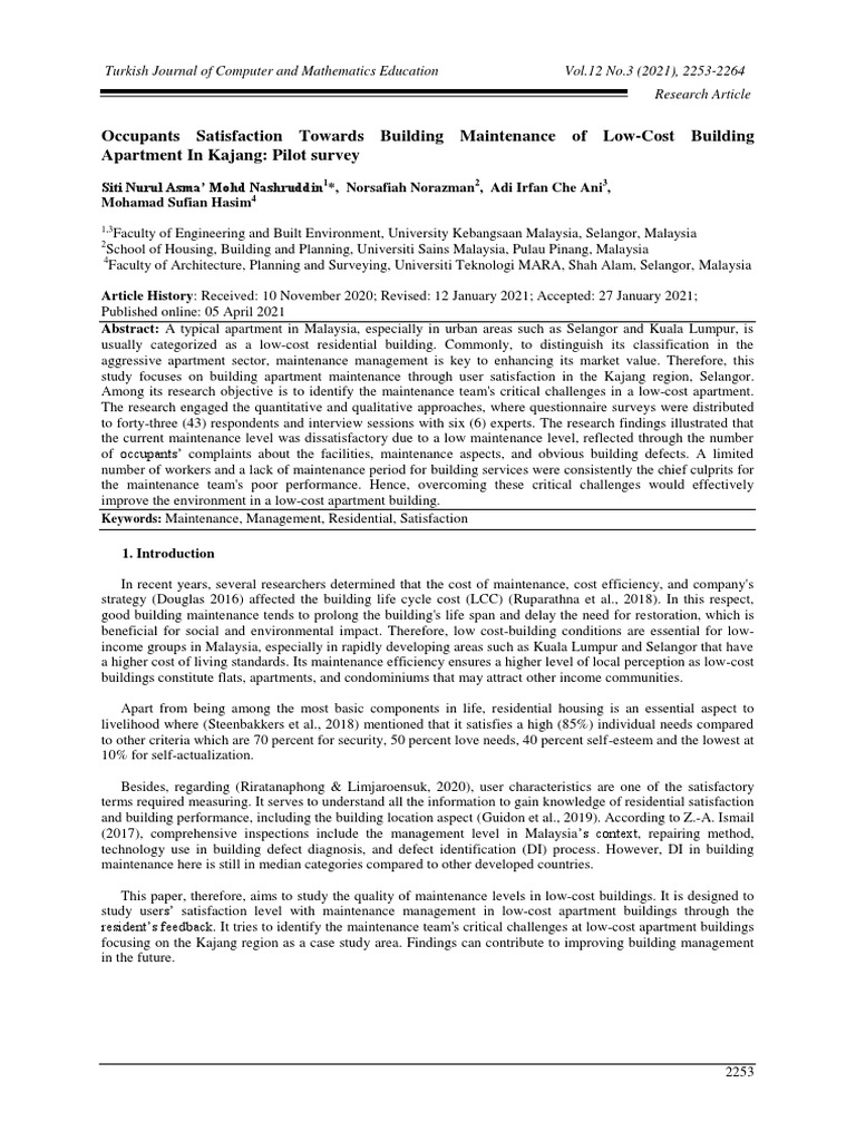 Occupants Satisfaction Towards Building Maintenance of Low-Cost ...