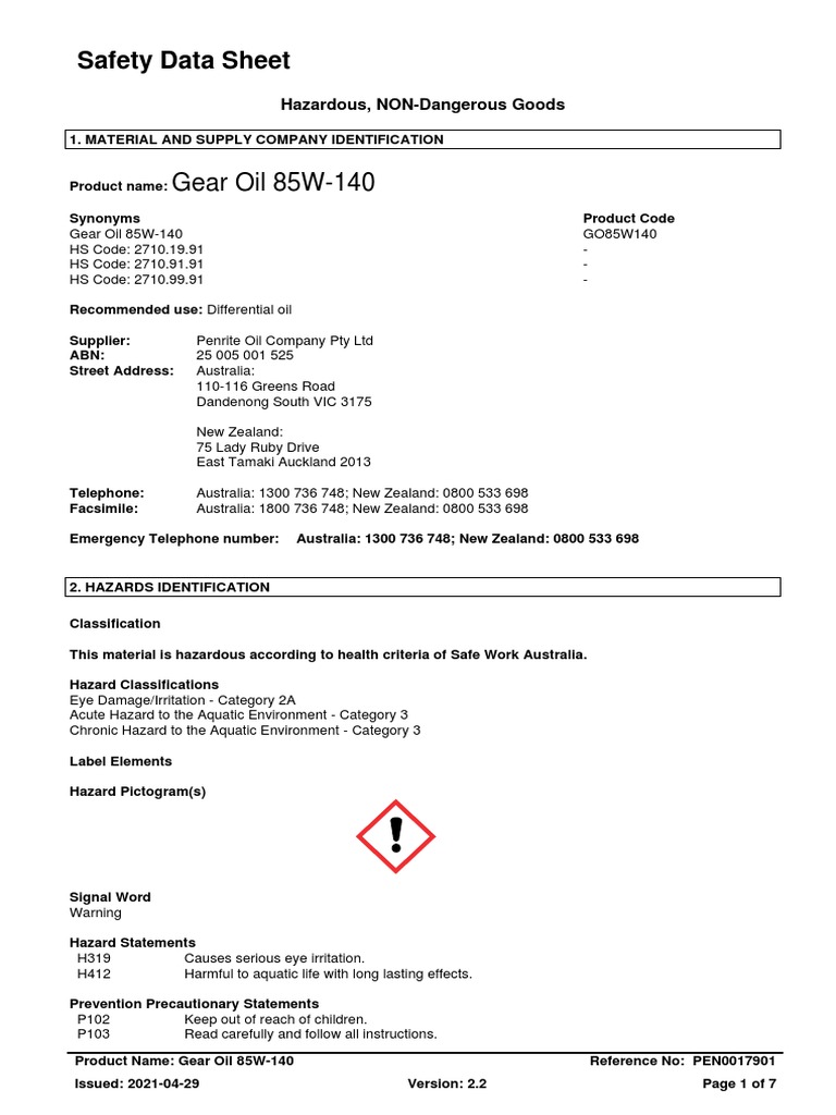 Gear Oil 85W-140 Safety Data Sheet | PDF | Dangerous Goods | Toxicity