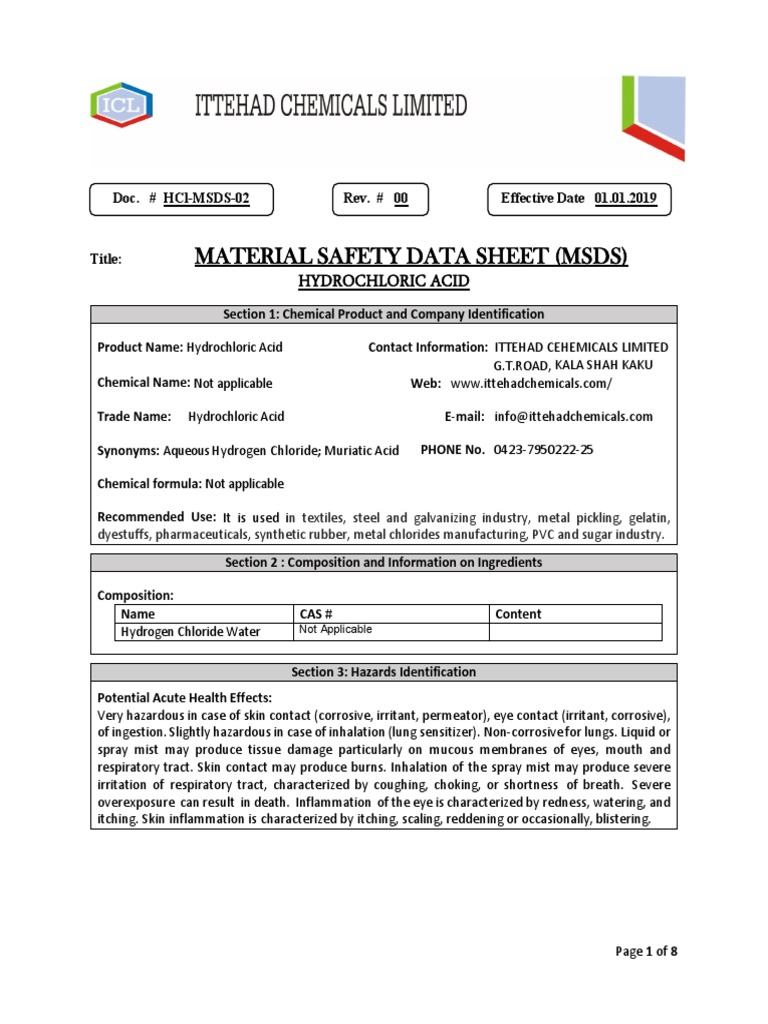 Material Safety Data Sheet (MSDS) Hydrochloric Acid | PDF | Chlorine ...