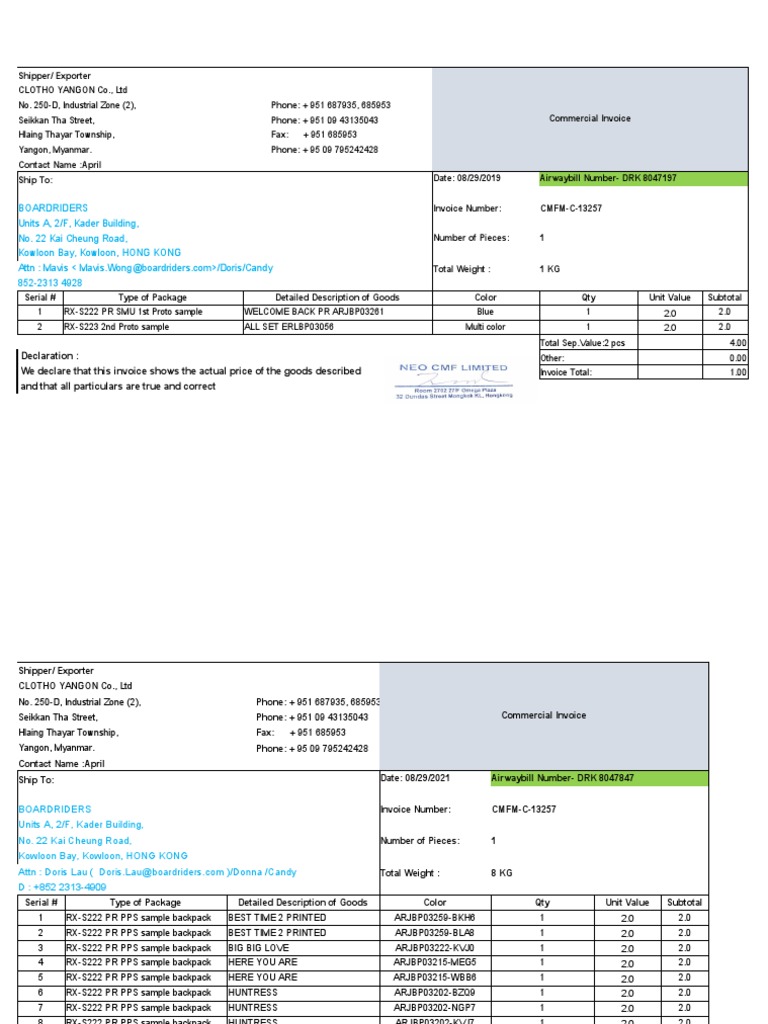 Commercial Invoice for Boardriders | PDF