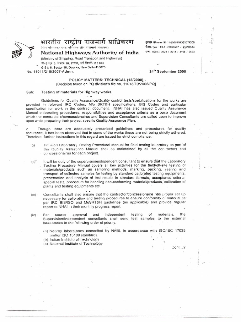 NHAI Circular For Third Party Testing | PDF